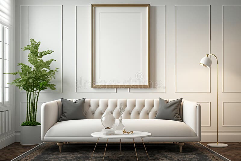 Mockup of a Picture Frame in a White, Opulent Living Room with a Table ...