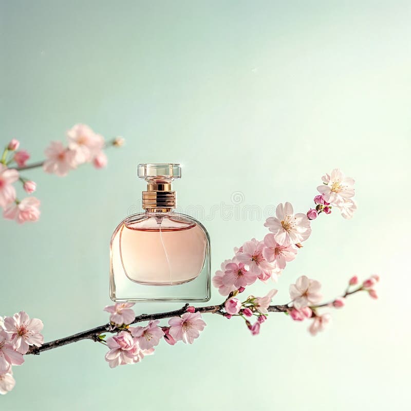 Mockup of a Pink Perfume or Cologne Bottle with a Cherry Blossom Branch ...