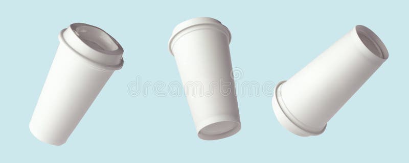 Mockup Plastic Cup for Coffee Flying on a Light Blue Background. Three ...