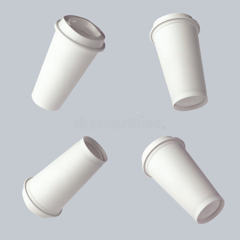 Mockup Plastic Cup for Coffee Flying on a Light Gray Background. Four ...