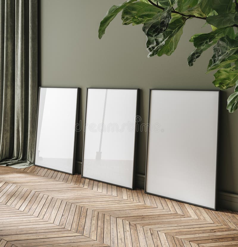 Mockup Poster Frame Close Up Standing on Floor Near Wall in a Room ...