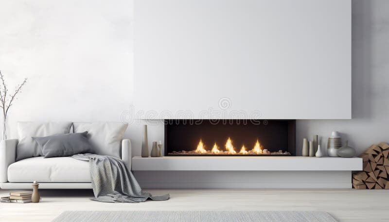 Poster in a White, Modern Home Interior with Fireplace Stock ...