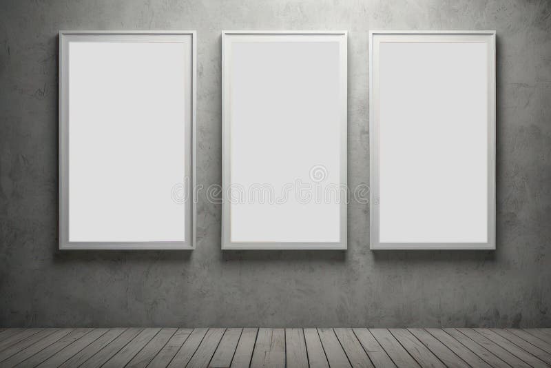 Mockup for Posters and Banners, Three Large Empty Frames on a Gray Wall ...