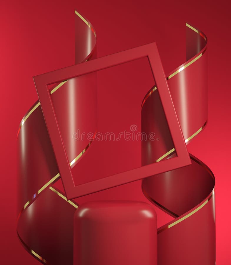 Mockup Red Stage Scene with Spiral Ribbon and Square Frame Abstract ...