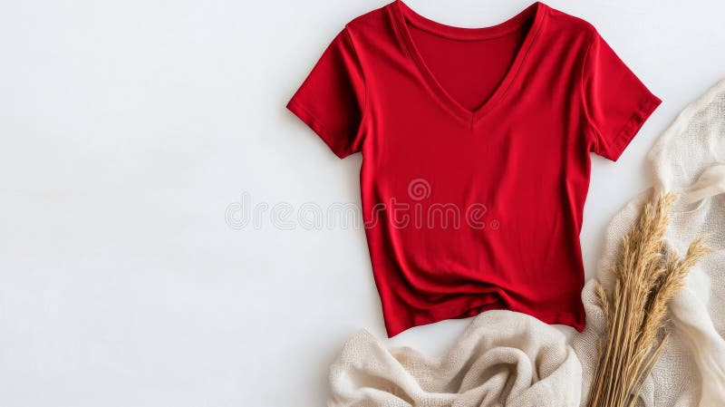 A Mockup of a Red V-neck Tee Shirt is Shown in a Studio Setting with a ...