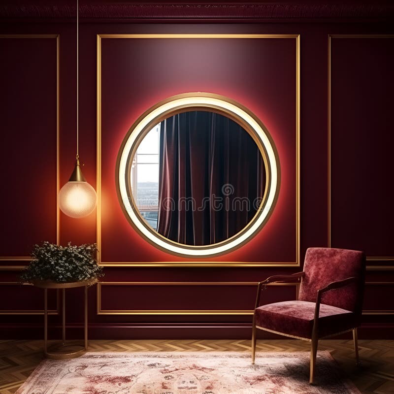Mockup, Round Gold Frame with Mirror, Empty Center Inside in Red ...