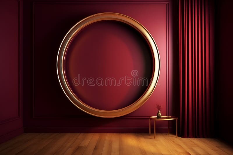 Mockup, Round Golden Frame with Empty Center Inside in Red Minimalist ...