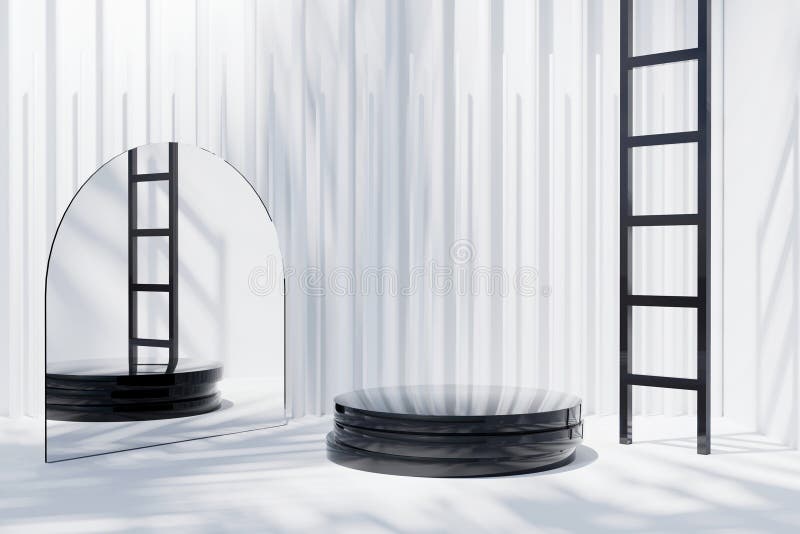 Mockup Scene with Black Ladder, Empty Platform and Mirror Stock Image ...