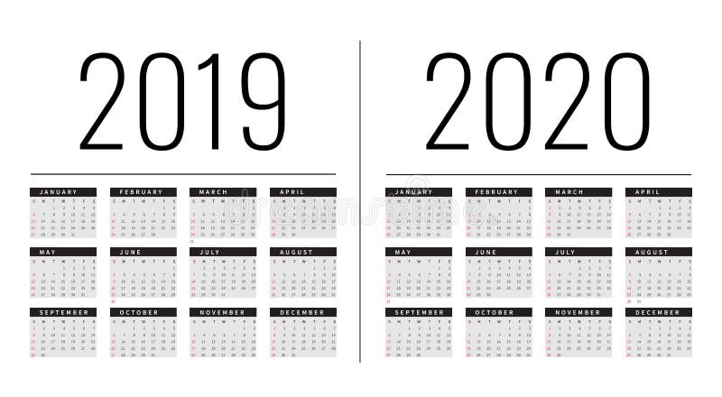 Mockup Simple Calendar Layout for 2019 and 2020 Years. Week Starts from ...