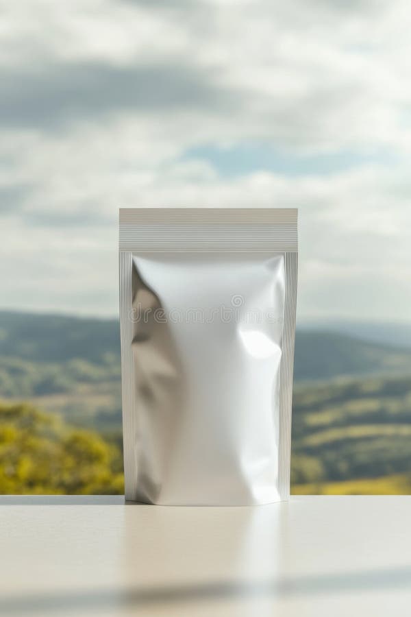 Mockup of a Sleek Empty Product Pouch on a Flat Table Against a Scenic ...