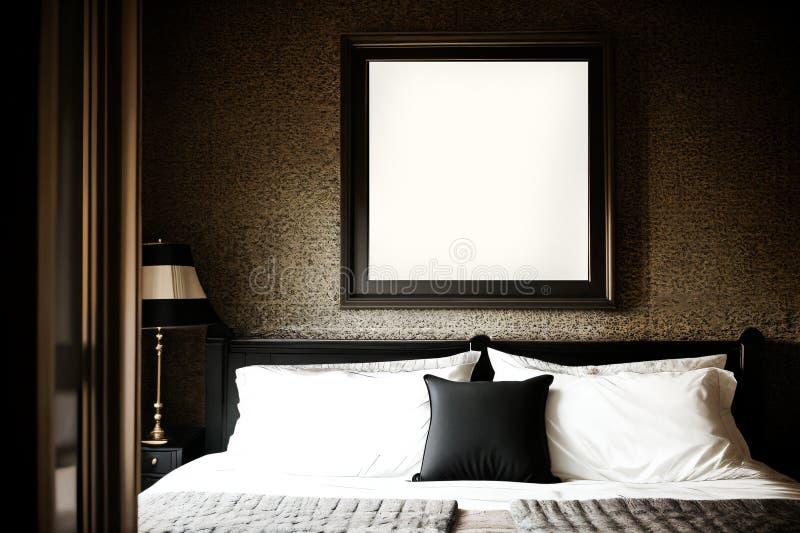 Mockup of Square Black Frame with Bed in Dark Classic Interior Stock ...