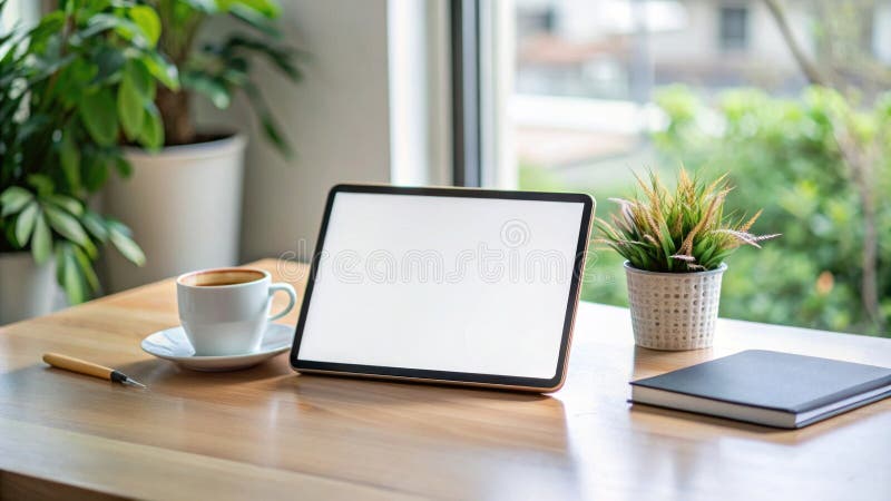 Mockup Tablet Blank Screen of Placed on Office Table Stock Illustration ...