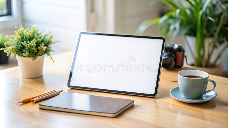 Mockup Tablet Blank Screen of Placed on Office Table Stock Illustration ...