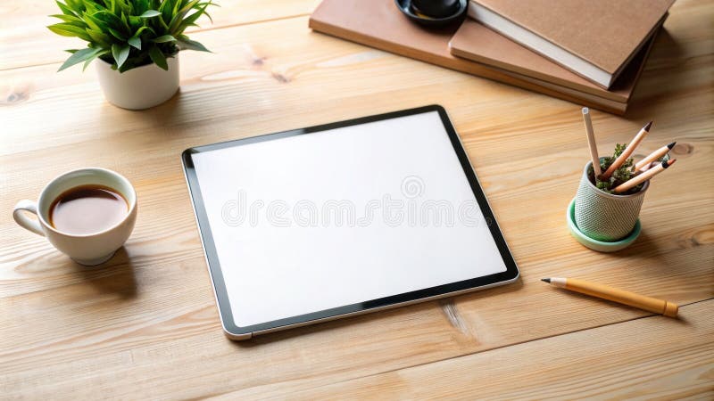 Mockup Tablet Blank Screen of Placed on Office Table Stock Illustration ...