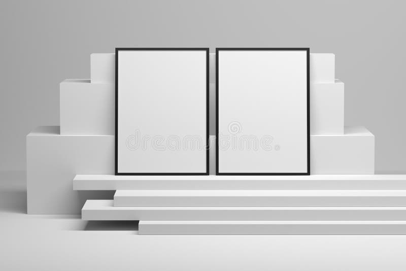 Mockup Template with Two Frames Standing on Stacked Geometric Blocks ...