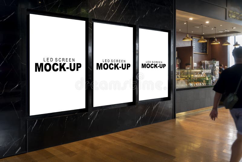 Mockup Three Advertising LED Screen Install on Marble Wall Stock Photo ...