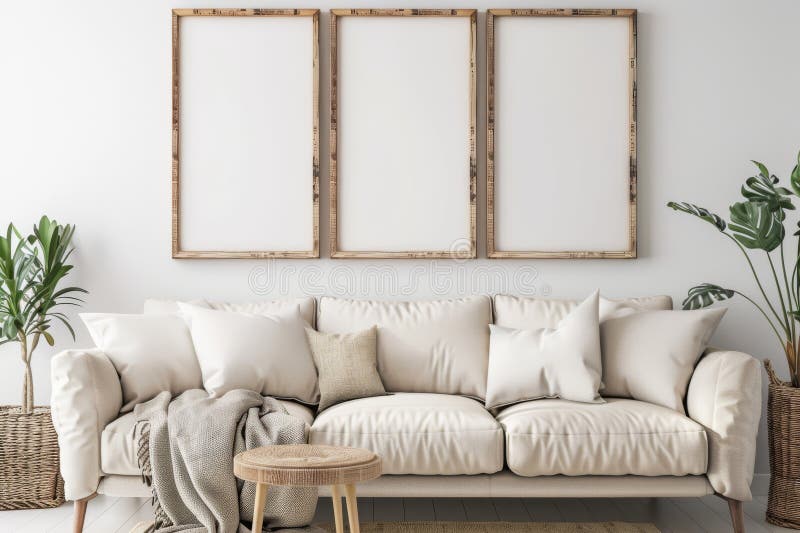 Mockup of Three Blank Wooden Frames on the Wall Above a White Sofa ...