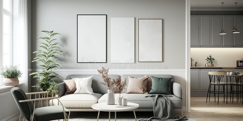 Mockup of Three Poster Wall in a Living Room, Generative AI Stock ...