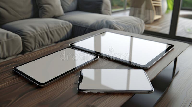 A Mockup of Three Tablets and Two Smartphones on a Coffee Table Stock ...
