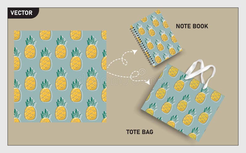 Seamless Pattern Mockup Tote Bag and Note Book with Pineapple Fruits ...