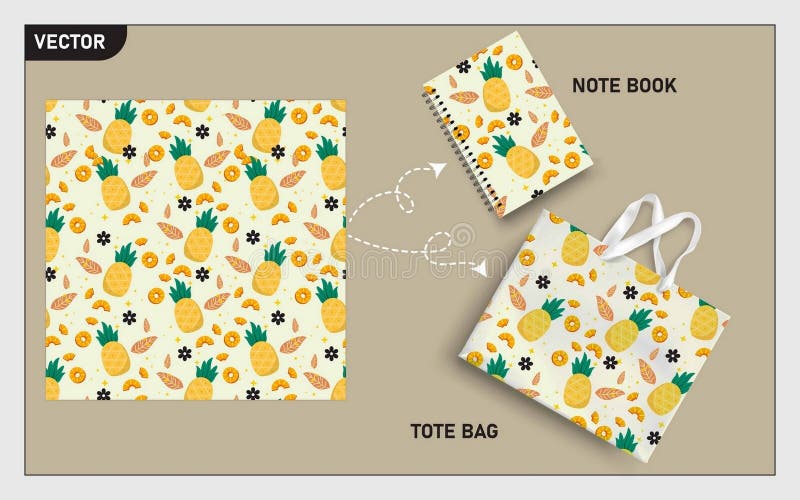 Seamless Pattern Mockup Tote Bag and Note Book with Pineapple Fruits ...