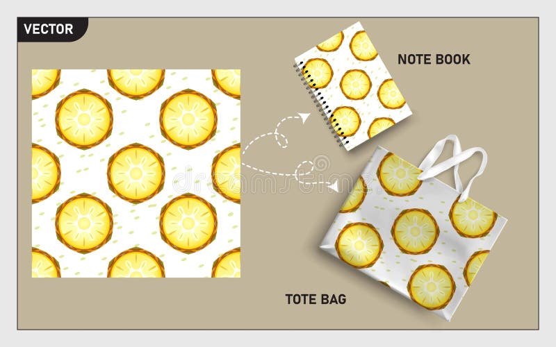 Mockup Tote Bag and Note Book with Slice of Pineapple Seamless Pattern ...
