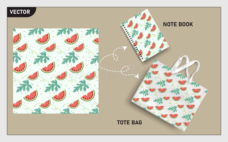Seamless Pattern Mockup Tote Bag and Note Book with Slice of Watermelon ...