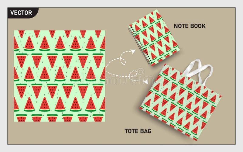 Seamless Pattern Mockup Tote Bag and Note Book with Slice of Watermelon ...