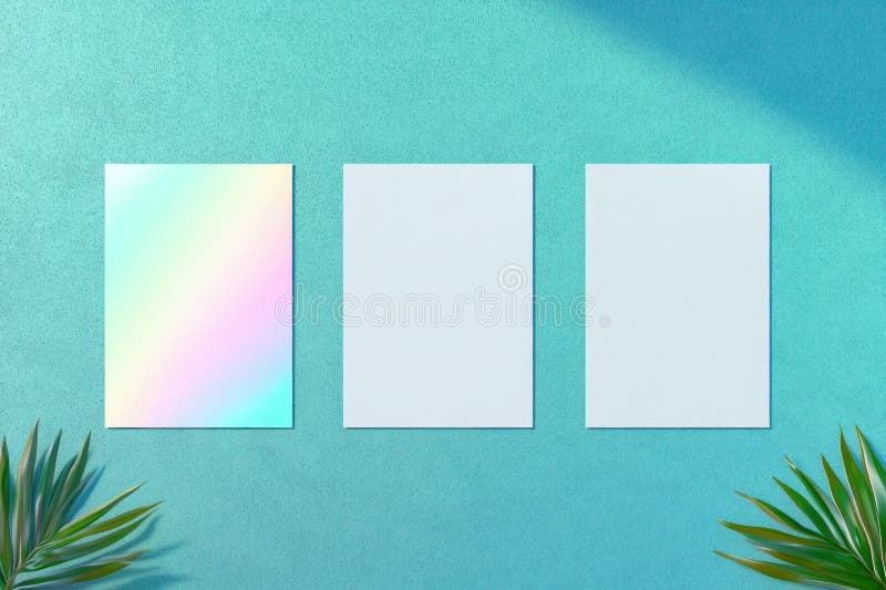 Mockup Trio with Rainbow Light and Shadow on Mint Blue Concrete Stock ...