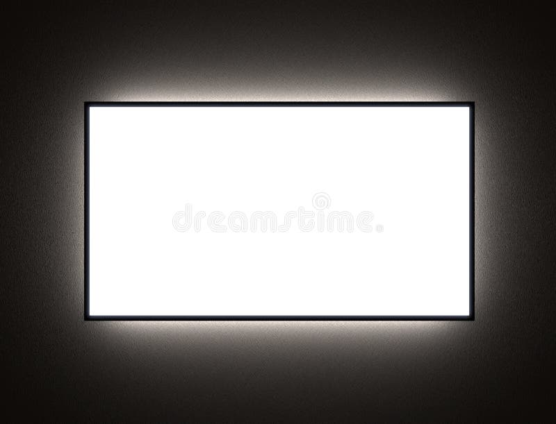 MockUp of TV or Ad Screen with Backlight in the Dark on the Wall Stock ...