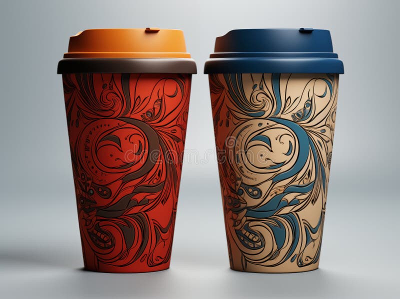 Mockup of Two Paper Coffee Cups with Striped Lids Stock Illustration ...
