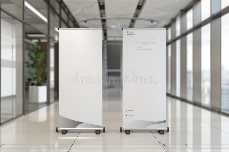 Mockup of Two Roll-up Standee Banner and Exhibition X-banner in Office ...