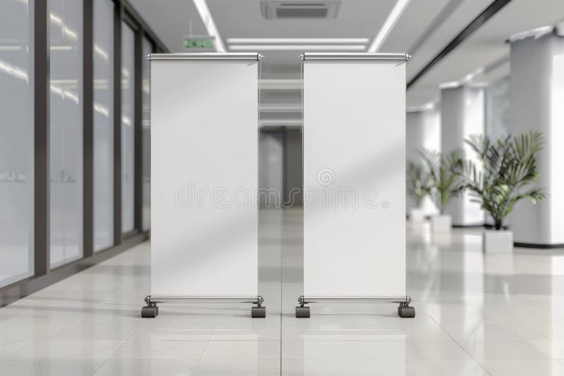 Mockup of Two Roll-up Standee Banner and Exhibition X-banner in Office ...