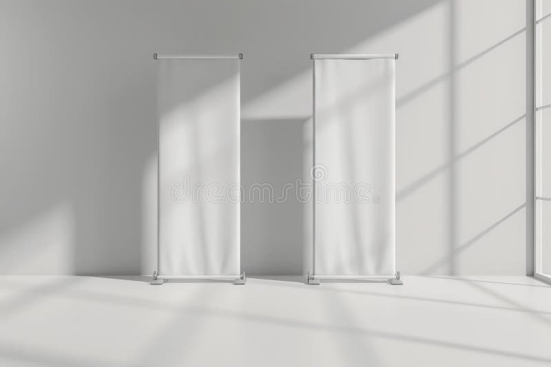 Mockup of Two Roll-up Standee Banner and Exhibition X-banner in Office ...
