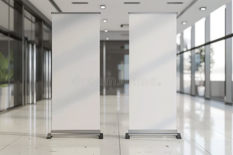 Mockup of Two Roll-up Standee Banner and Exhibition X-banner in Office ...