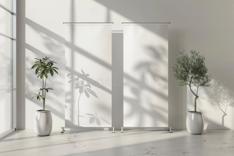 Mockup of Two Roll-up Standee Banner and Exhibition X-banner in Office ...