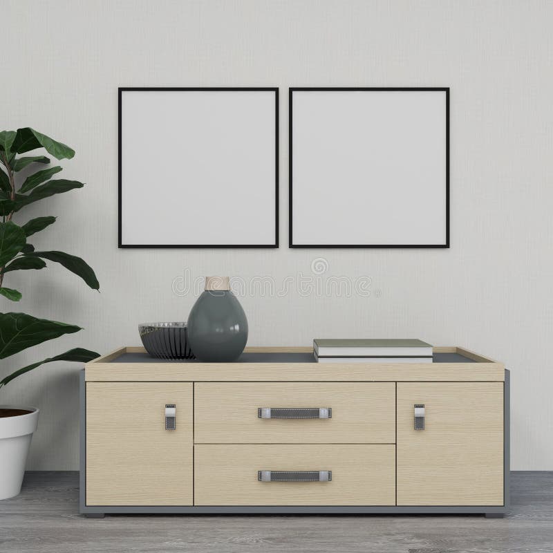 Mockup of Two Square Frames on a Wall and Decoration with Sideboard and ...