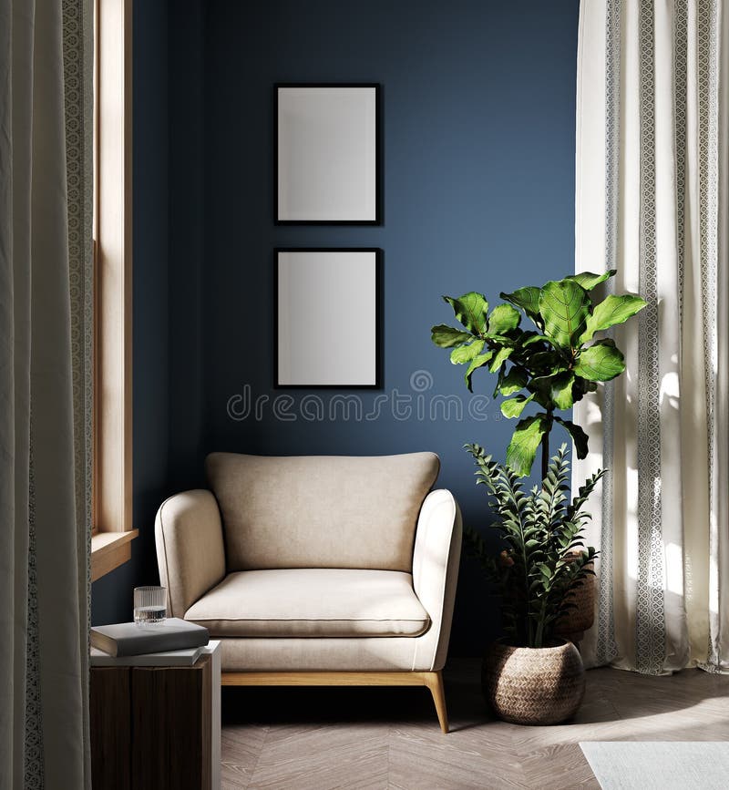 Mockup Two Vertical Poster Frames in Blue Farmhouse Living Room, 3d ...