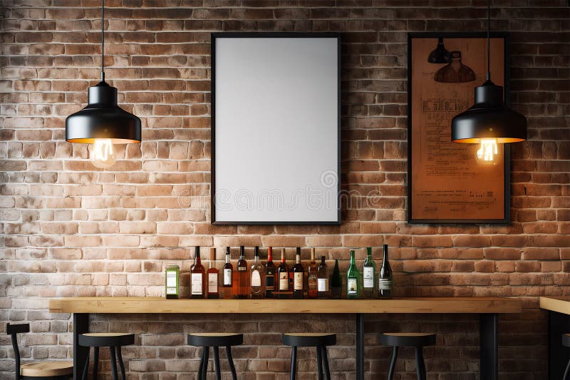 Mockup of Vertical Empty Poster in Loft Bar Interior Stock Illustration ...