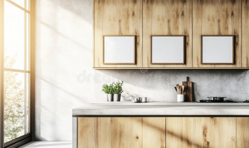 Mockup of a Wall in a Kitchen with a Contoured Wood Finish Stock ...