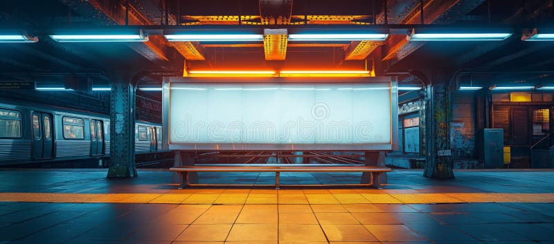 Mockup White Blank Billboard on the Platform of Night Train Station ...