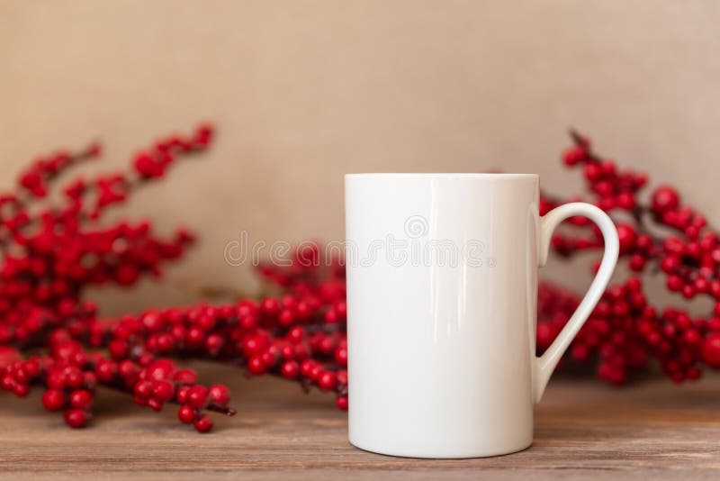 Mockup - White Cup on Christmas Holly Berry Background. Cofee or Tea ...