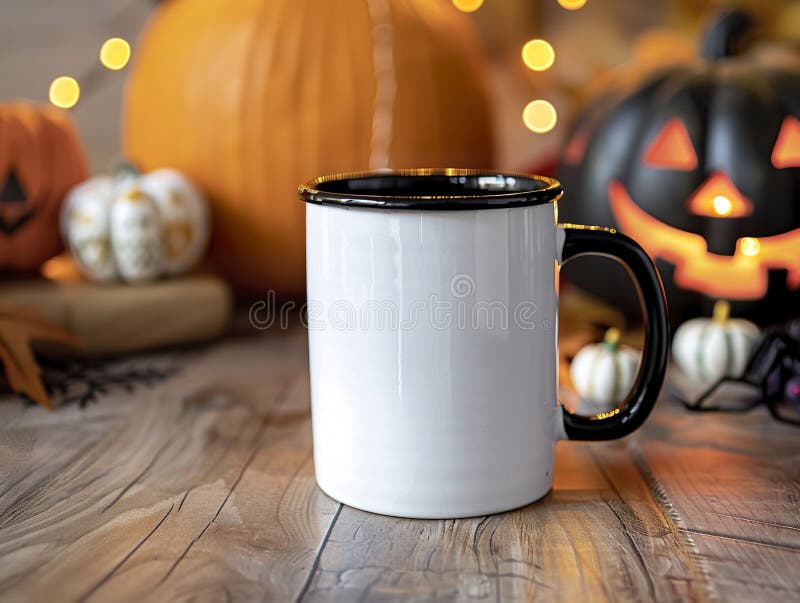 A Mockup of a White Handle Mug with Halloween Decoration Stock ...