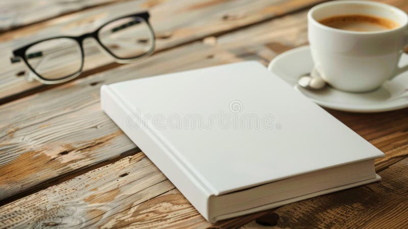 Illustration Mockup with White Hardcover Book beside a Coffee on Wooden ...
