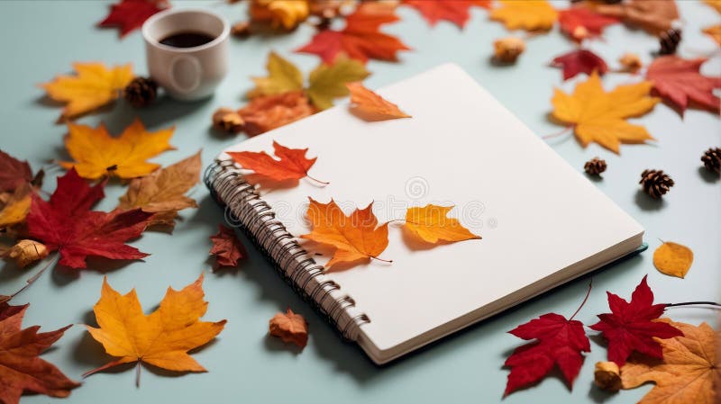Mockup White Notebook with Colorful Autumn Leaves on a Color Background ...