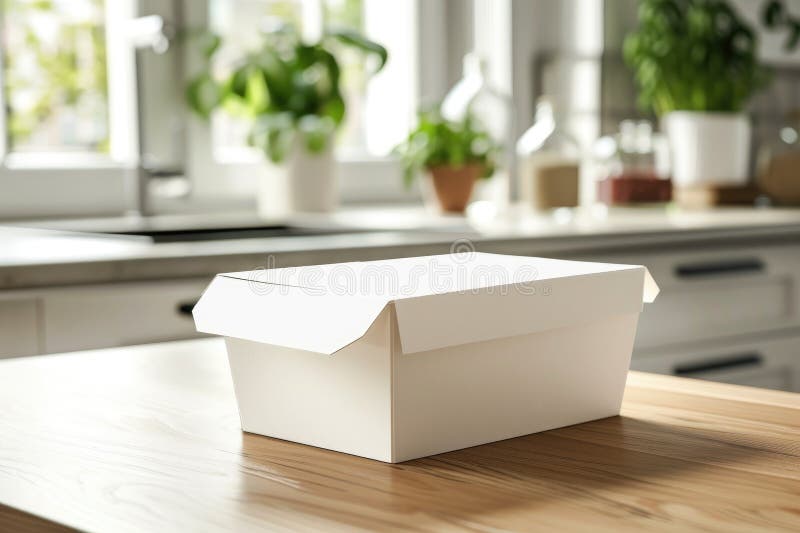 Mockup of a White Paper Food Box Placed on the Dining Table. Stock ...
