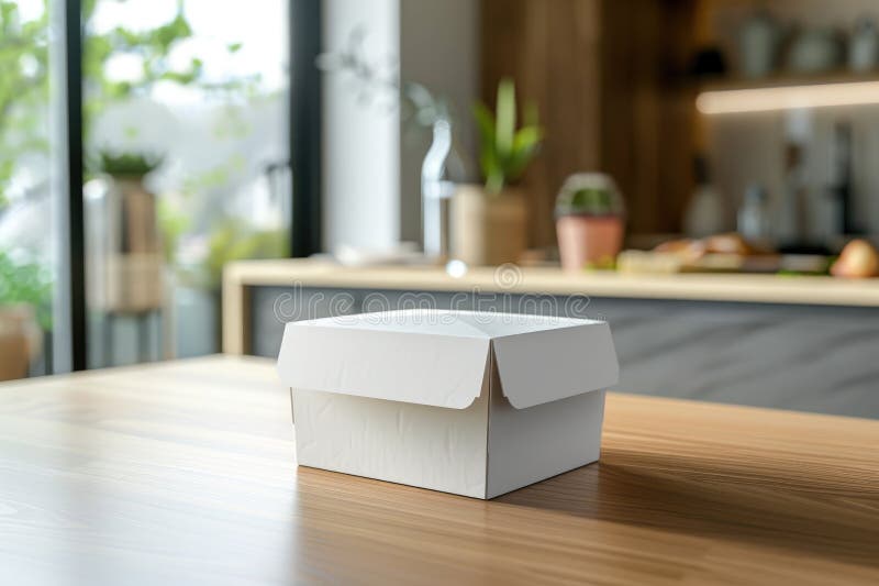 Mockup of a White Paper Food Box Placed on the Dining Table. Stock ...