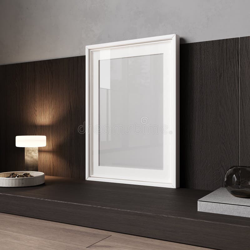 Mockup White Poster Frame in Modern Dark Wooden Interior Background, 3D ...
