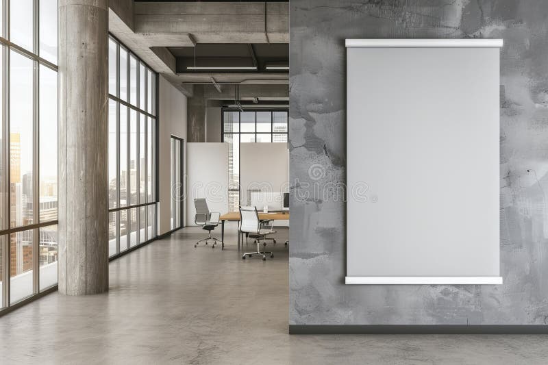 Mockup of a White Poster in a Modern Office with Concrete Columns, on a ...