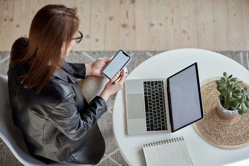 Mockup White Screen Laptop and Mobile Phone Woman Using Computer ...